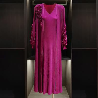 China Elegant Heavy-Duty Ruffled Beaded Pleated V-Neck Dress Autumn Solid Color Casual Slimming Chiffon Dress Natural Waistline Front for sale