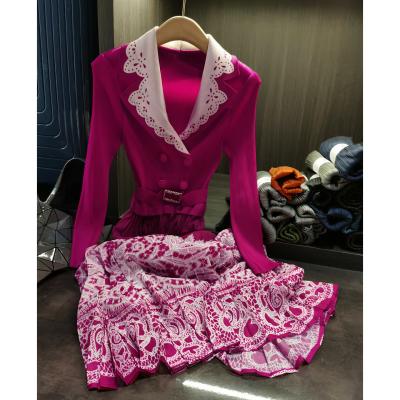 China Niche Design Elegant Waist-Cinching Slimming Pleated Skirt Contrasting Print Floor-Length  Two-Piece Patchwork Featuring for sale