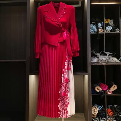 China Autumn Style Unique Design Faux Two-Piece Patchwork Tie Dress Floral Chiffon Elegant Casual Suit Collar Long Sleeves Natural for sale