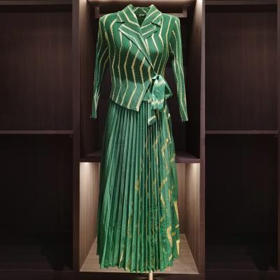 China Autumn Casual High-End Gold Stamping Printed Pleated Dress Long Striped Sleeves Waist-Cinching Pleated Skirt Spliced Two-Piece for sale