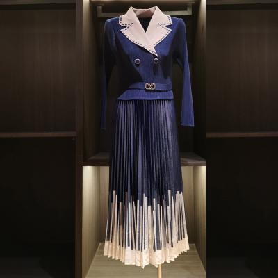 China Autumn New Elegant Slimming Dress Waist-Cinching Design Pleated Skirt Collar Casual Midi Length Solid Color-Block Printed for sale
