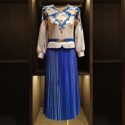 China Autumn New Chinese-Style Retro Printed Pleated Patchwork Dress Vintage Style Lantern Sleeves Natural Waist-Cinching Woven Dress for sale
