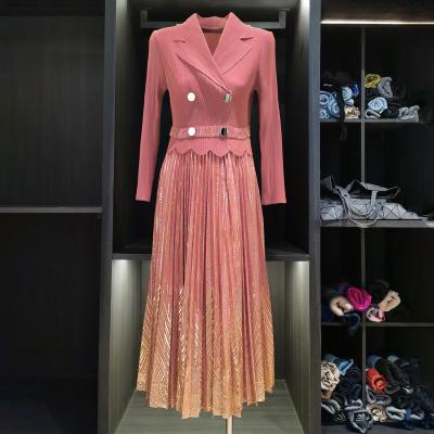 China Autumn Chic Elegant Gold-Printed Two-Piece Pleated Waist-Cinching Suit Long-Sleeve Collar Dress New Style Floor-Length Casual for sale