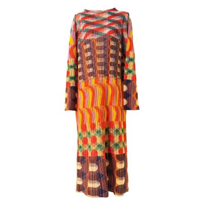 China High end contrasting color printed round neck fashionable temperament casual long sleeved dress for sale