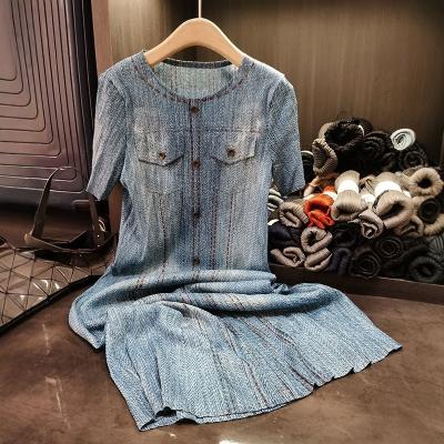 China Women's High-End Mid-Length Button-Decorated Niche Pleated Long Skirt New Denim Blue Chiffon Casual for Natural Day for sale