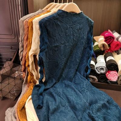 China Women's High-End Casual Dress New Solid Color Long-Sleeved Slim Mid-Length A-Line Skirt Pleated Lace Stitching Chiffon for sale
