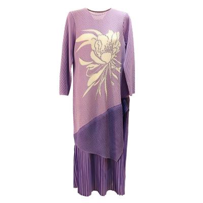 China Pleated Floral Chiffon Elegant Slim Long-Sleeved Office Maxi Dress Floor-Length Summer Neck Print for sale