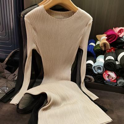 China Women's High-End  Long-Sleeved Dress New Spring Fashion High-Elastic Mid-Length Skirt Casual Neck Solid Natural for sale