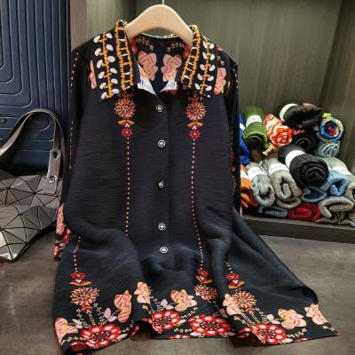 China High-End Black Women's Casual Printed Pleated Dress Western-Style Spring New Loose Large Size Embroidery Mother's Wear for sale