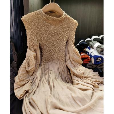 China High-end Quality Nail-beaded Round Neck Princess Sleeve Pleated Dress Temperament Lady Banquet Dress Dress Female New Fall Style for sale