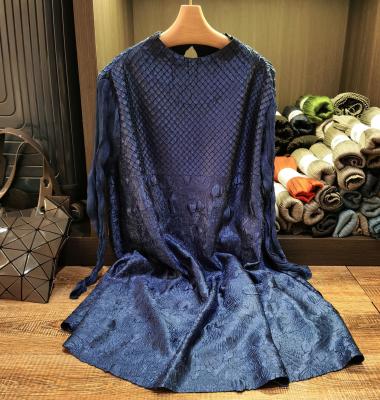 China 2024 Autumn New Elegant Embossed Pleated Dress Round Neck Long Sleeve Loose a Line Skirt for sale