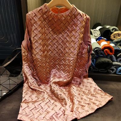 China Design Idea Half High Neck Net Yarn Sleeve Braided Pleated Dress Loose Flesh Shading Thin A-line Skirt Woman New Spring for sale