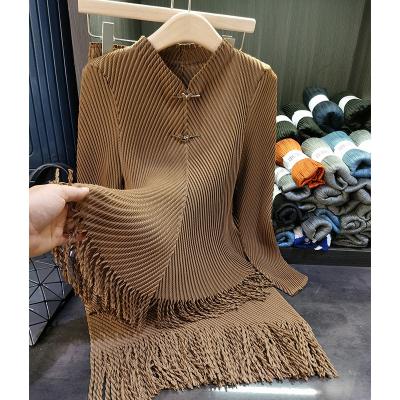 China Spring Fold Suit Women's New Stand Collar Top Fashion Fringe Design Half Skirt Simple Two-piece Set for sale