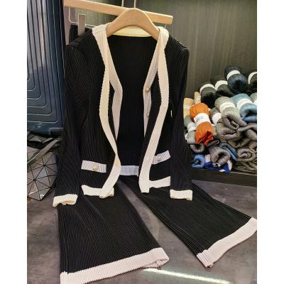 China Sanzhai Women's New Fashion Daily Wear Two-Piece Set Contrast Color Pleated Cardigan Top Wide-Leg Pants Solid Design for sale