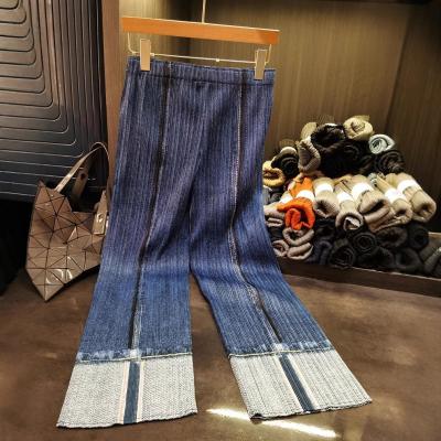 China Women's Summer New Style Pleated Faux Denim Print Color-Block Straight-Leg Pants Fashionable Simple Elastic Waist Loose for sale