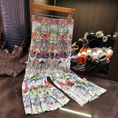 China Summer Ethnic Style Wide-Leg Women's Pants Niche Design Pleated Printed Simple Casual High Waist Straight-Leg Long Pants for sale