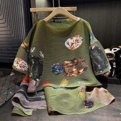 China High-End Fashion One Set Printed Pleated Round-Neck Batwing Sleeve Top and Above Knee Autumn Floral Skirt Long Length Top for sale
