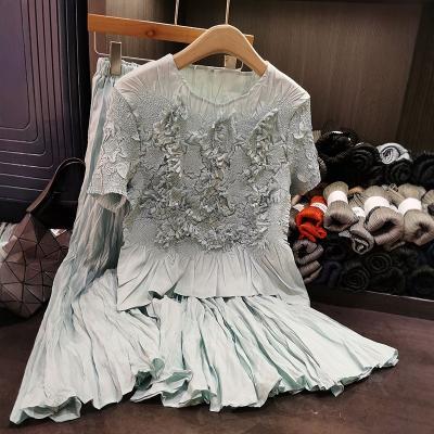 China High-End Casual Two-Piece Set Fashionable Pleated Top Skirt Solid Color Short Sleeve Handmade Chiffon Digital for Summer for sale