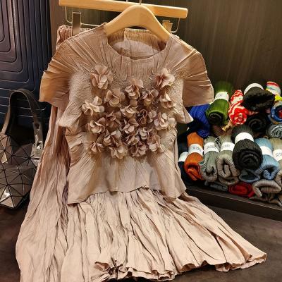 China Handmade High-End Women's Casual Solid Two-Piece Set Spring Summer Fashion Cotton Top Large Hem Skirt Design Short Sleeves for sale