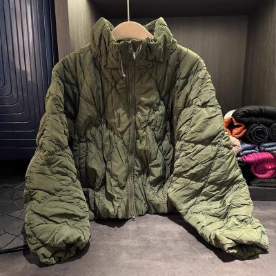 China Advanced Japanese Style Solid Color Diamond Pleated Cotton Jacket Stand Collar Long Sleeves Winter Rabbit Fur Casual Zipper for sale