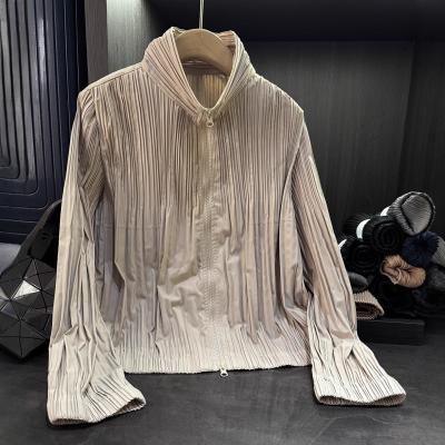 China Early Autumn New Style Long Pleated Jacket Women High-End Simple Harajuku Style Stand-Up Collar Zipper Cardigan Versatile Top for sale