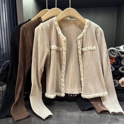 China Korean Style Autumn Casual Small Fragrance Pleated Short Coat Elegant Pure Color Slimming Versatile Long Sleeve Rabbit Cardigan for sale