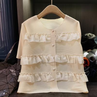 China High-End Korean Style Women's Summer Cardigan Sweet Ruffled Neck Short-Sleeved Jacket Casual Slimming Single-Breasted Coat for sale
