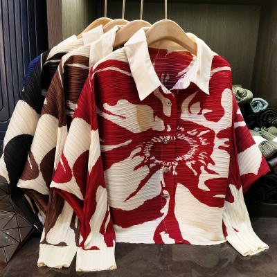 China Autumn New Vintage Design Cardigan for Women Single-Breasted Ruched Lapel Batwing Sleeve Plus Size Woven Casual Long Top Front for sale