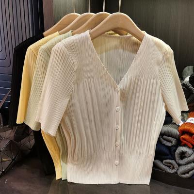 China Women's Elegant V-Neck Pleated Cardigan Age-Reducing Top Single-Breasted Short Sleeves for Spring Summer Thin Blouses Shirts for sale