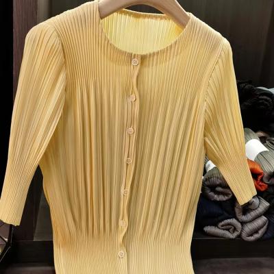 China Women's Fashionable Summer Sweet Short Jacket All-Match Neck Age-Reducing Top Casual Single-Breasted Solid Color Skinny Front for sale