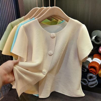 China Hot-Selling Women's High-End Casual Short Cardigan Single-Breasted Solid Color Short-Sleeve Top Simple Stylish Design for sale