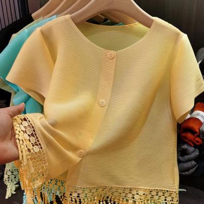 China Sweet Tassel Design Spring Summer New Solid Color Thin Rabbit Polyester Casual Short Sleeve Cardigan Top Crewneck Loose Short for sale