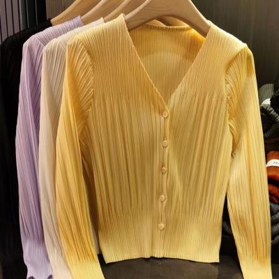 China Korean Style Women's V-Neck Cardigan High-End Solid Color Breathable Casual Spring Summer New Short Long Sleeve Coat All-Match for sale