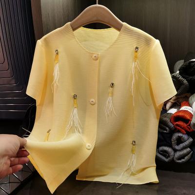 China Vintage Style Single-Breasted Cardigan New Summer Feather Jacket Nail Bead Detail Loose Fit Simple Solid Color Casual for sale
