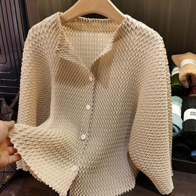 China Classy Women's Slim Long-Sleeved Tops Coat Elegant Casual Versatile Spring Pleated Bat Sleeves Long Length Polyester for sale