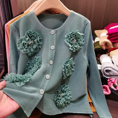 China Early Spring  Elegant Versatile Age-Reducing Top New Pleated Loose Beaded Flower Cardigan Coat Long Length Casual for sale