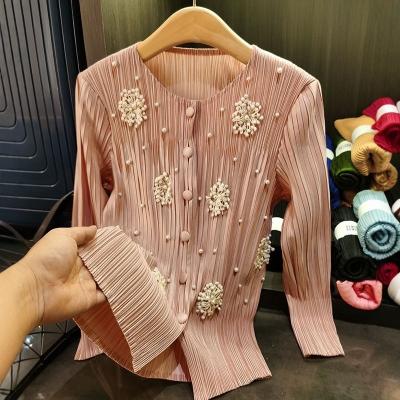China High-End Women's Cardigan Jacket Elegant Long Spring New Design Neck Stereo Flower Pleated Casual Outerwear Polyester for sale