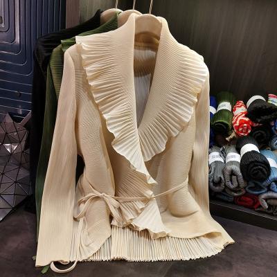 China Women's Elegant Pleated Lace-up Cardigan Top Long Sleeved Spring/Summer Coat with Polyester Lining New Style for sale