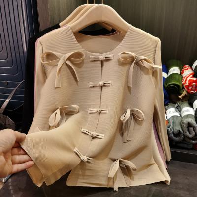 China Women's New Chinese Style Long Sleeved Cardigan Pleated Top Button Bow Solid Color for Spring Social Occasions Casual Polyester for sale