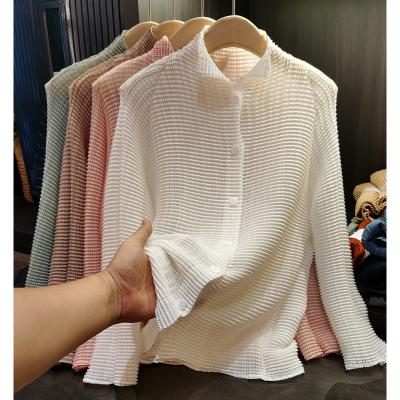 China 2025 Women's Spring Collection Breathable Sun Protection Casual Single Breasted Shirt with Pleated Stand-Up Collar Long Sleeves for sale