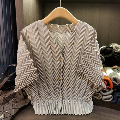 China Handmade Pleated Top Cardigan Jacket Five-Sleeve Versatile Design Neck Wave Geometric Slimming Loose Fit Plus Size Casual Summer for sale