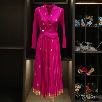 China Elegant and Sophisticated Gold Stamping Ruched Midi Dress Autumn Slimming Flared Pleated Suit Collar for Parties for sale