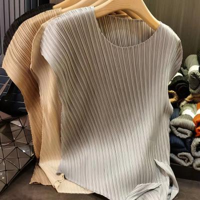 China Women's Casual Short-Sleeved T-Shirt Summer New Arrival Pleated Top Irregular Wide Lace-up Solid Color Loose Slimming Knitted for sale