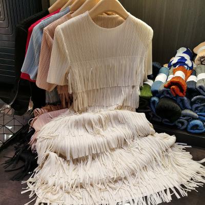 China Women's Solid Color round Neck Short-Sleeved Cake Dress for Spring Summer Commuting Spliced Fringe Pleated with Temperament for sale