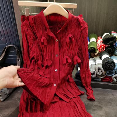 China Design Sense Niche Women's Chic Daily Wear Two-Piece Set Handmade Pleated 3D Flower Summer Autumn Chiffon Skirt Solid Casual for sale