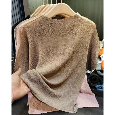 China Women's New Summer Casual Crew-Neck Solid Color Pleated Short-Sleeved T-Shirt Loose Slim Top Fashion Everything for sale