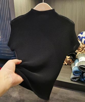 China Classic Elastic Fabric Comfortable Breathable Small Stand Collar Corn Kernels T-shirt Pleated Pure Color Pullover Short Sleeve for sale