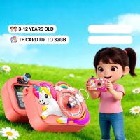 China Cute Unicorn Silicone Protective Case Kids HD Video Recording Camera 9600W Dual Cameras IPS Screen Print Photo for sale