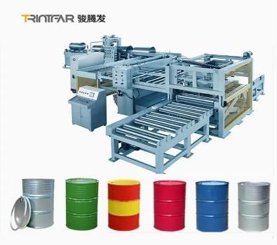 China 200liter automatic steel drum welding production line. This production line is also equipped with an automatic stacking robot arm to achieve automatic loading and unloading, enabling automated operati for sale