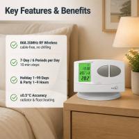 China Conventional Or Boilers Wireless 7 Day Room Thermostat Featuring Compact 86 X 86 X 26 Mm Receiver Dimensions And 6W Power Consumption for sale